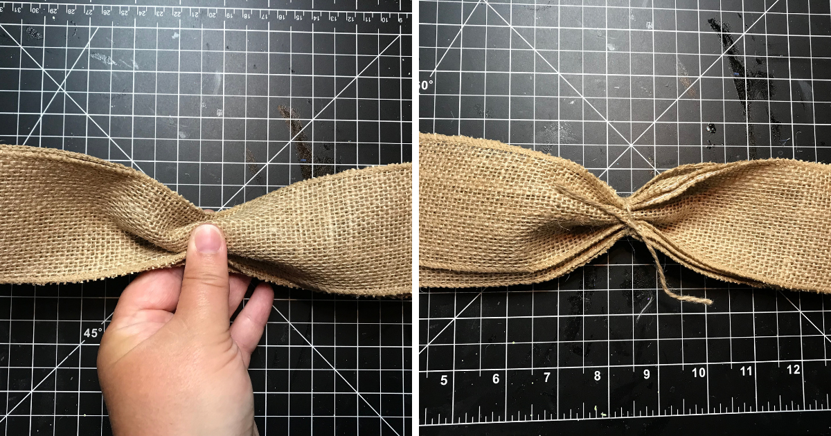 Pinch the burlap ribbon in the center and tie it tightly with twine ...